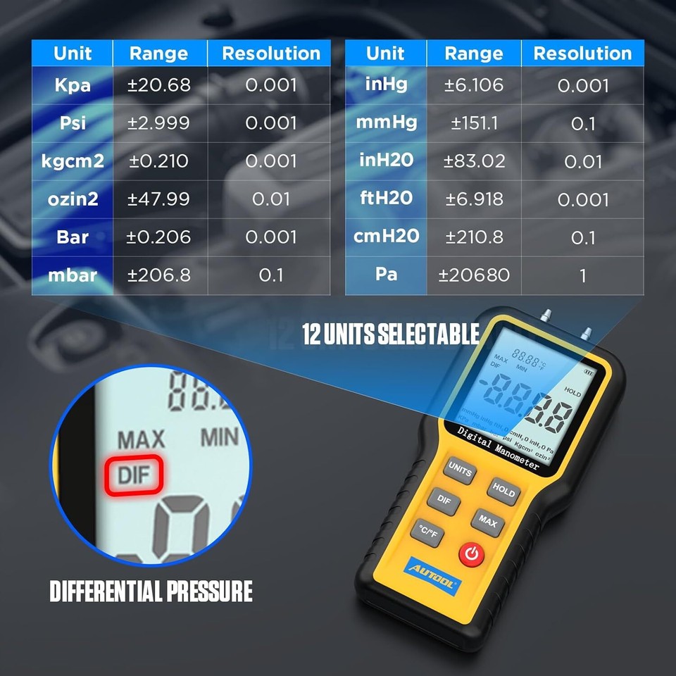 AUTOOL Digital Manometer, Dual-Port Manometer Gas Pressure Tester ...