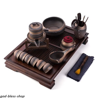 luxury tea set stone mill design crude pottery tea pot cup solid wood ...