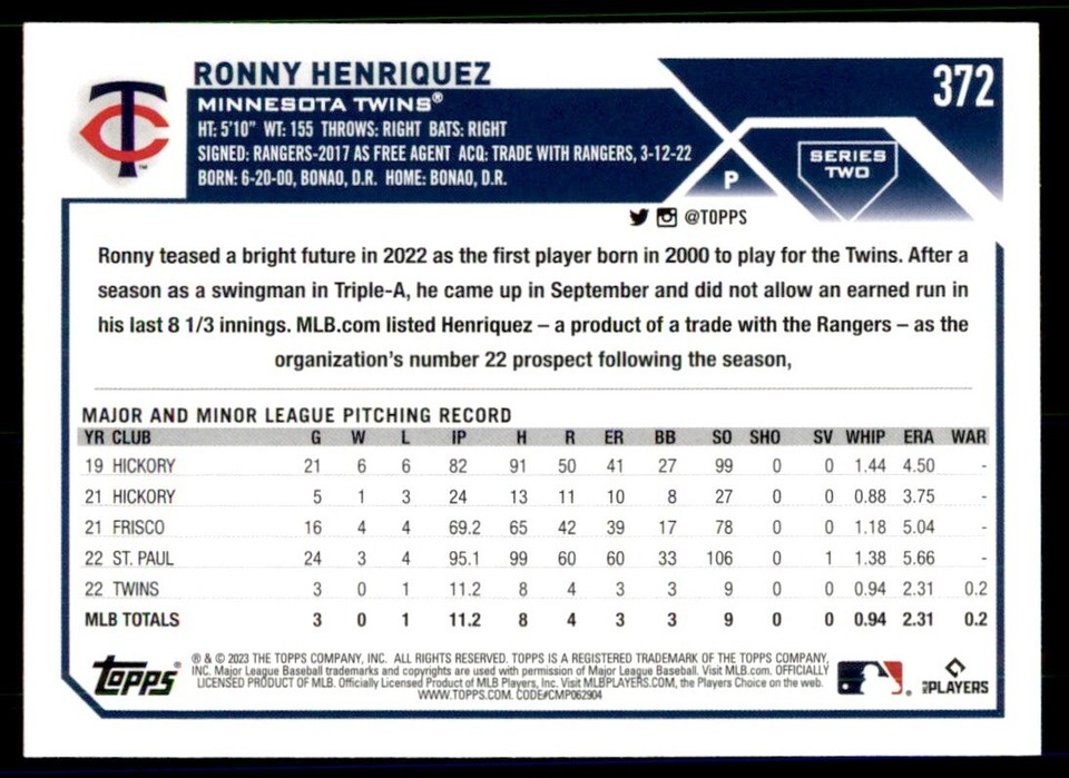 Ronny Henriquez 2023 Topps Series 2 Rookie Card RC #372 Minnesota Twins ...