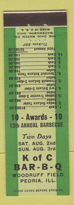 Matchbook Cover - Knights of Columbus BBQ Peoria IL Dodge Hudson Fort ...