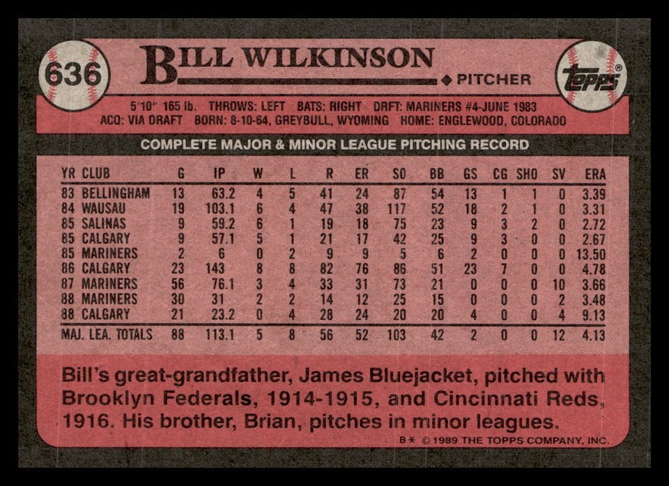 1989 Topps #636 Bill Wilkinson Seattle Mariners Baseball Card | eBay