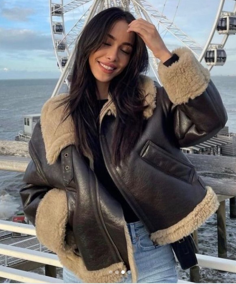 ZARA BROWN DOUBLE-FACED FAUX LEATHER SHEARLING FUR CUFF CROP AVIATOR ...