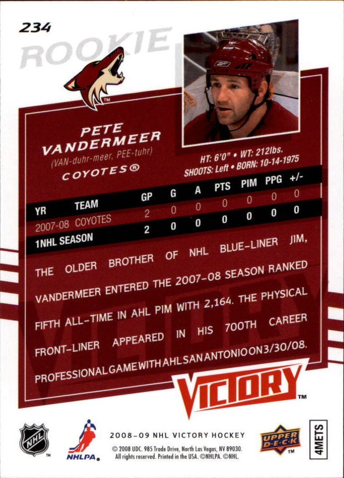 2008-09 Upper Deck Victory #234 Peter Vandermeer RC - NM-MT | eBay