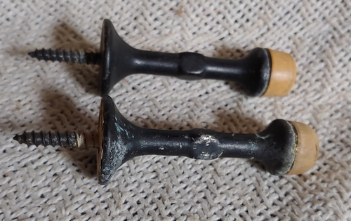 Lot 2 Vtg 2-1/2 Metal Door Stops Threaded Baseboard Rubber Tip Screw in ...