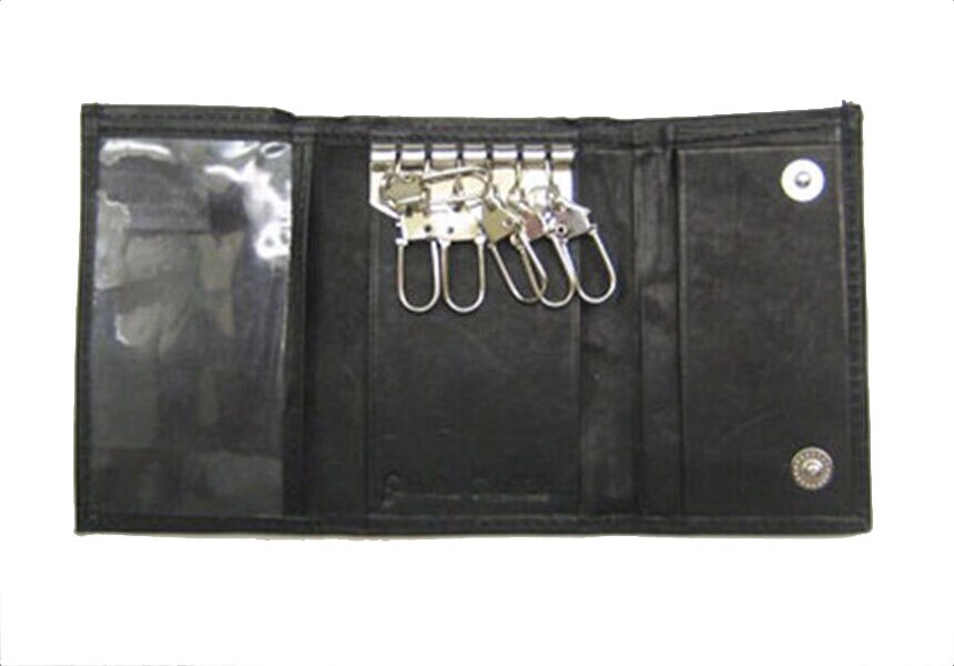 Black Genuine Leather Keychain Holder Trifold Coin Key Ring Wallet | eBay