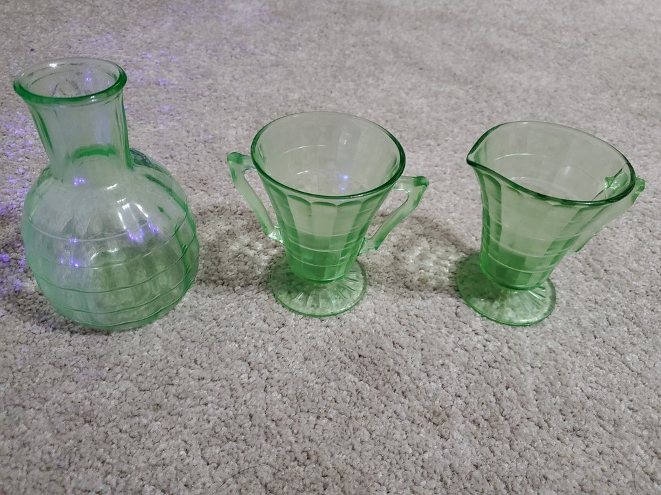 Sugar Bowl Creamer Pitcher Carafe Anchor Hocking Block Optic Green ...
