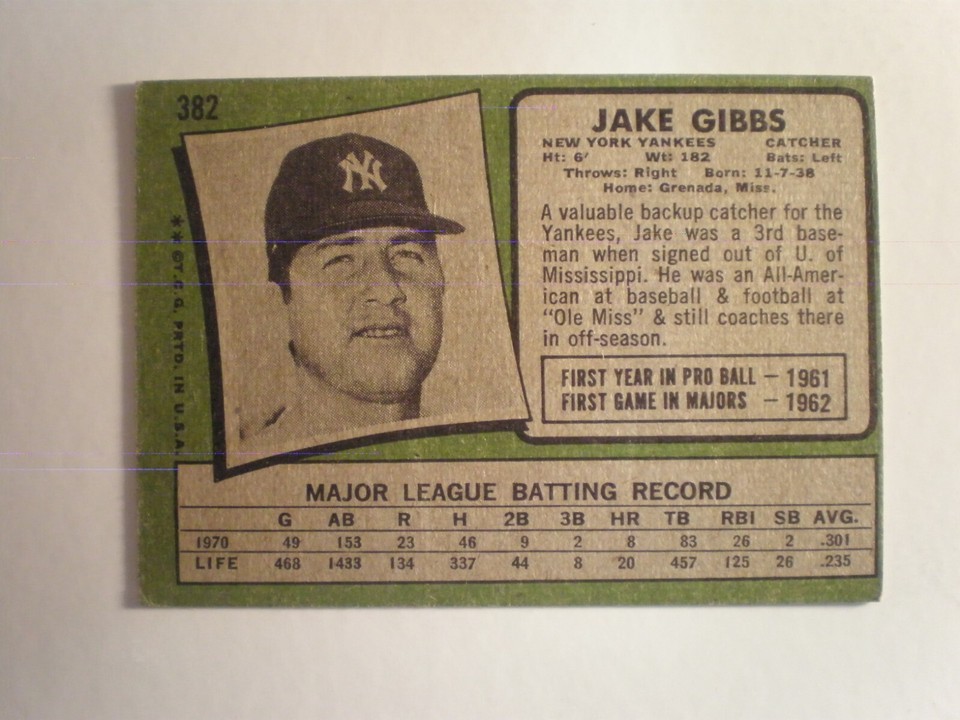 1971 Topps Baseball Jake Gibbs Card # 382 | eBay