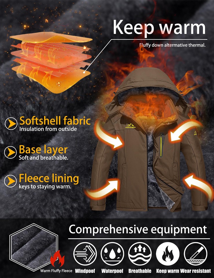 Men's Winter Ski Jacket Waterproof Snow Coat Snowboard Fleece Lining ...