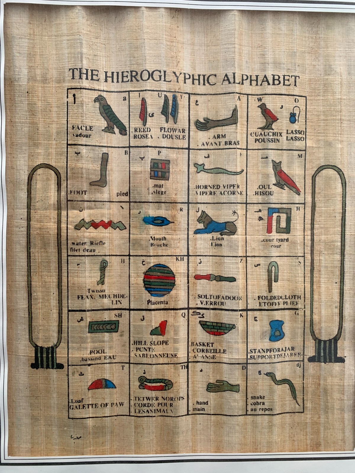 Papyrus Bild Ägypten + Hand gemalt + Hieroglyphic Alphabet + Gerahmt+ ...