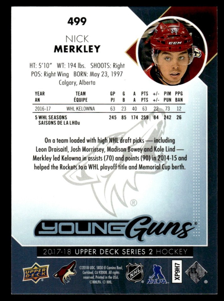 2017-18 Upper Deck Young Guns Nick Merkley Rookie Arizona Coyotes #499 ...