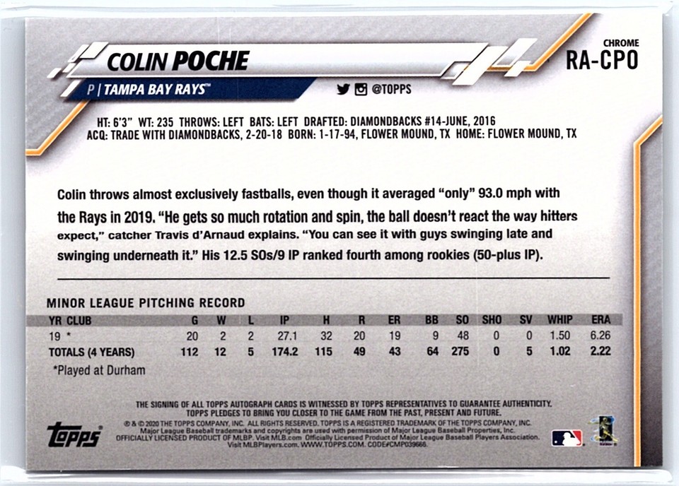 2020 Topps Chrome Colin Poche #RA-CPO Auto Tampa Bay Rays | eBay