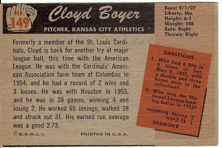 Cloyd Boyer Signed Autographed Baseball Card 1955 Bowman Athletics #149 ...