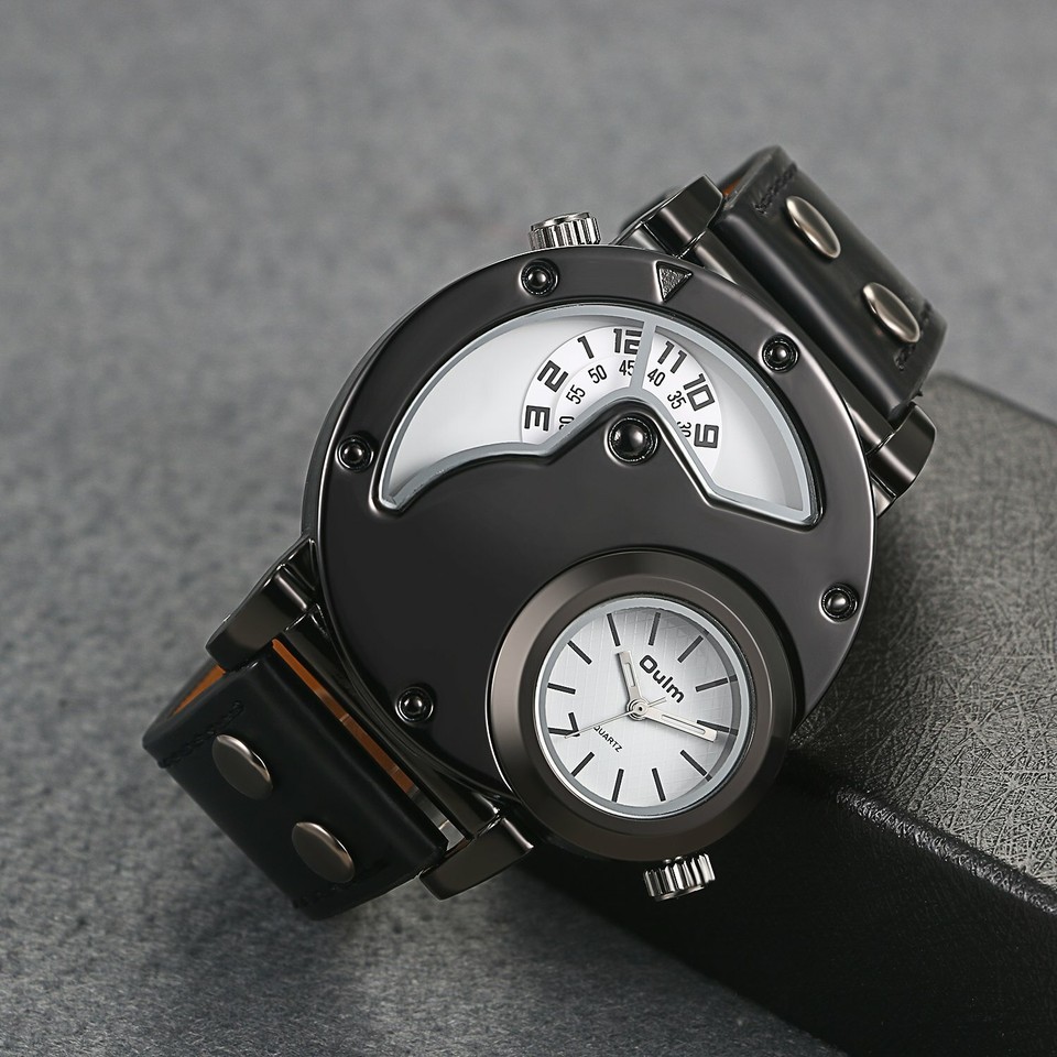 Luxury Mens Watch Big Dial Dual Time Zone Leather Band Analog Quartz ...