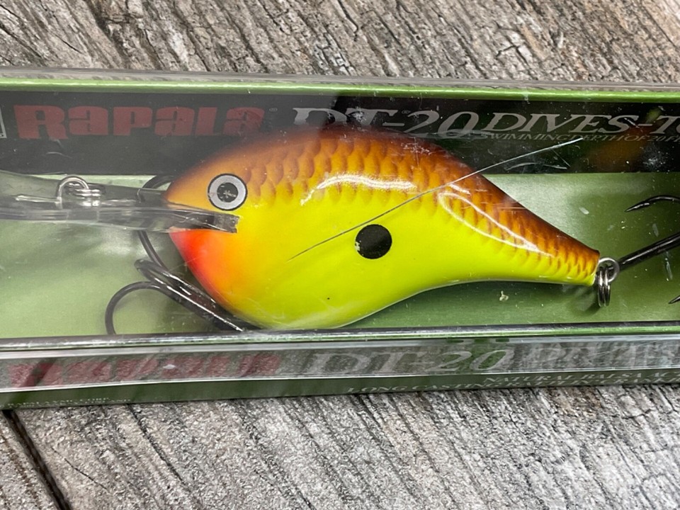 Rare Discontinued Rapala lure DT-20 Sure Set Hooks chartreuse brown ...