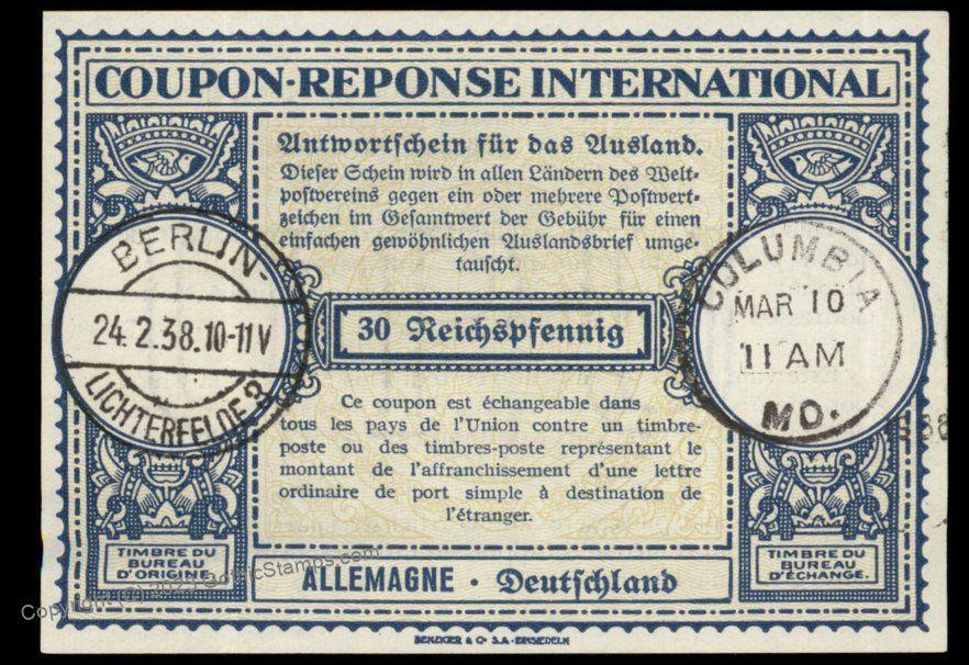 Germany 1938 International Reply Coupon IRC Post Office 98934 | eBay