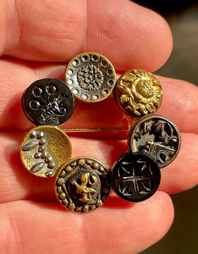 Antique Buttons Brooch - 7 Glass & Metal Antique Buttons on Vintage Pin ...