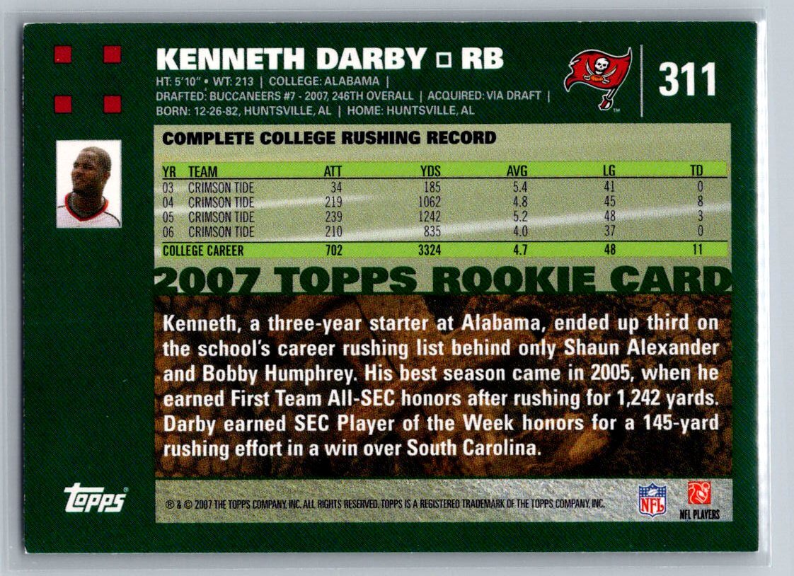 2007 Topps Rookie RC #311 Kenneth Darby Tampa Bay Buccaneers Football ...