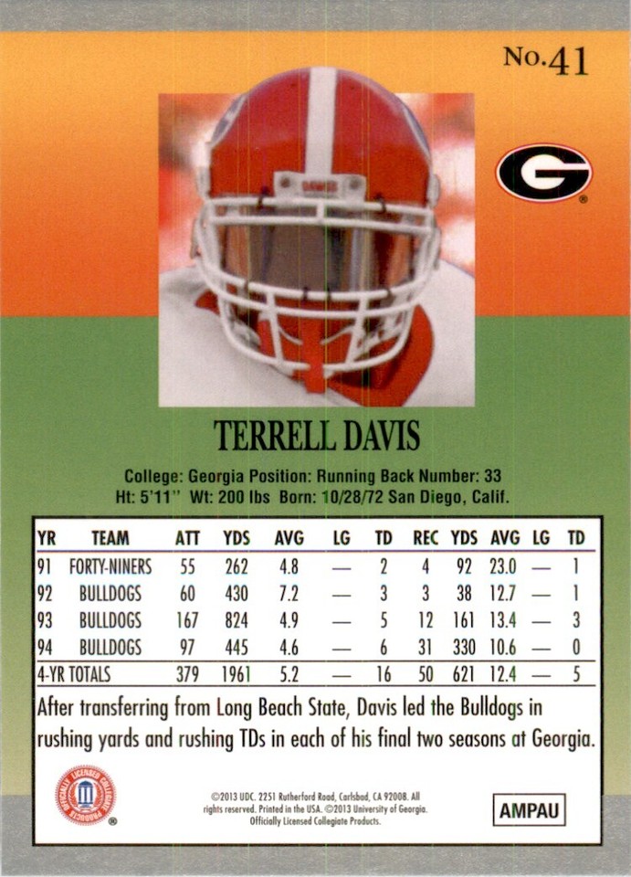 2013 Fleer Retro Terrell Davis Georgia Bulldogs #41 NCAA Football | eBay