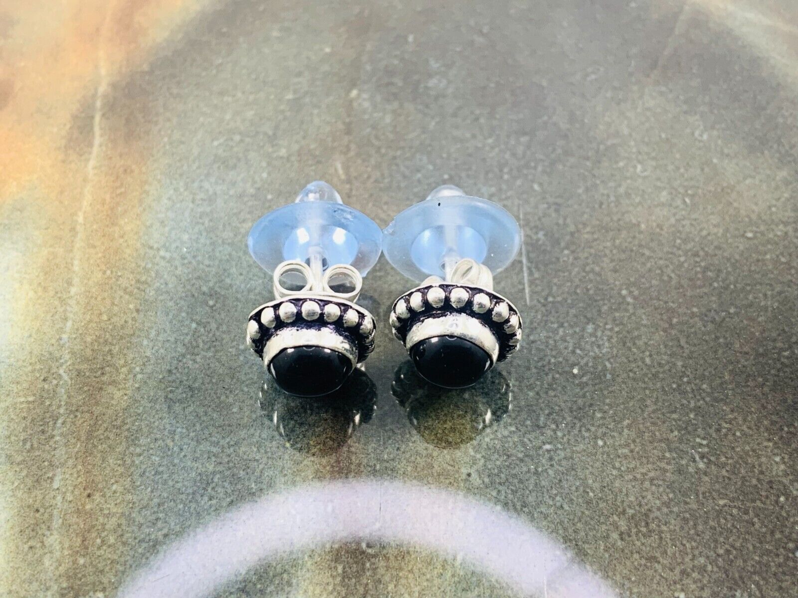 925 Silver Plated Handmade Studs with Natural BlackOnyx Gemstone Push ...