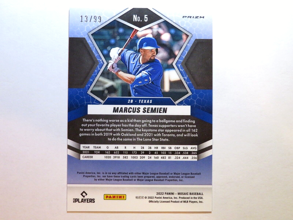 2022 Panini Mosaic Baseball Marcus Semien Blue Prizm Card #5 Rangers 13 ...