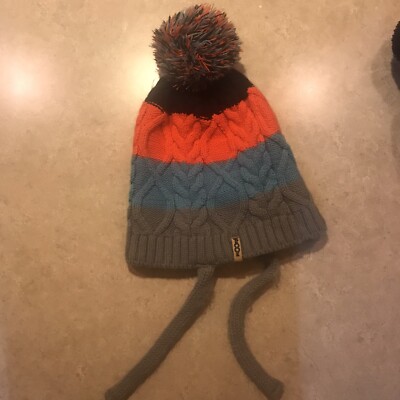 Volcom Striped Winter Hat With Tassles And Pom Pom Gray Orange Blue ...