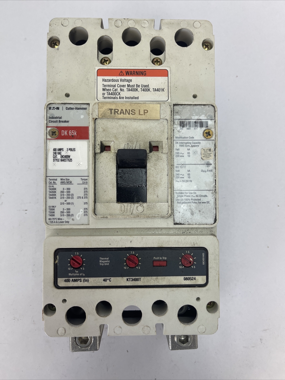 EATON CUTLER HAMMER DK 65K DK3400W CIRCUIT BREAKER, 400AMP 3 POLE ...