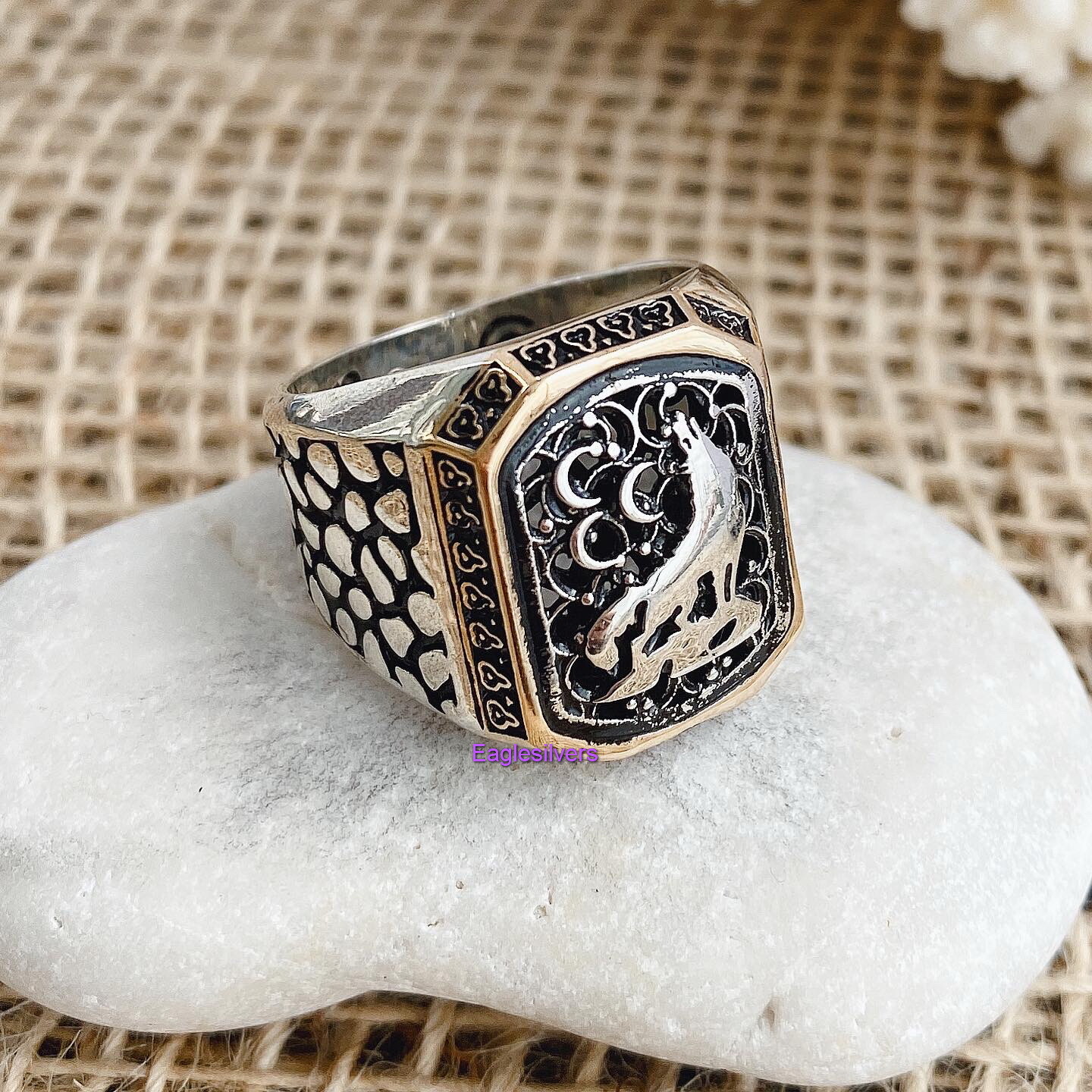 Handmade 925 Sterling Silver Wolf & Moon Men's Woman's Ring | eBay