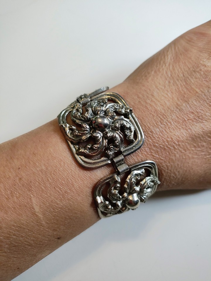 Vintage Art Deco Pot Metal Panel Bracelet flower costume jewelry square ...