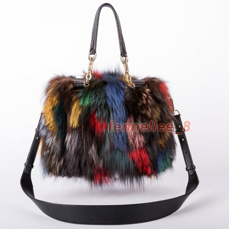Women Multicolor Real Fox Fur Bag Color Stitching Handbag Cowhide Tote ...