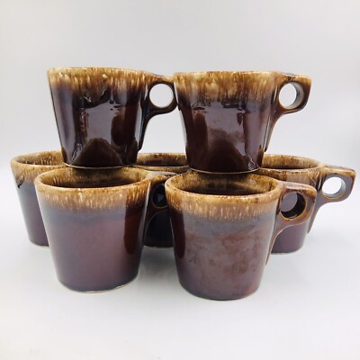 Set Of 7 Vintage Hull Pottery Brown Drip Glaze Coffee Cups Mugs Oven ...