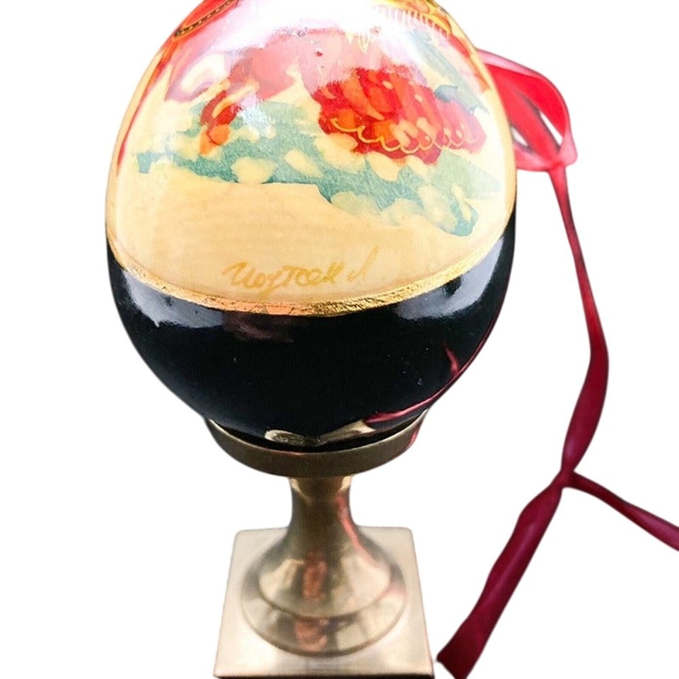Hand Painted Vintage Black Lacquer Signed Wooden Egg Ornament with ...