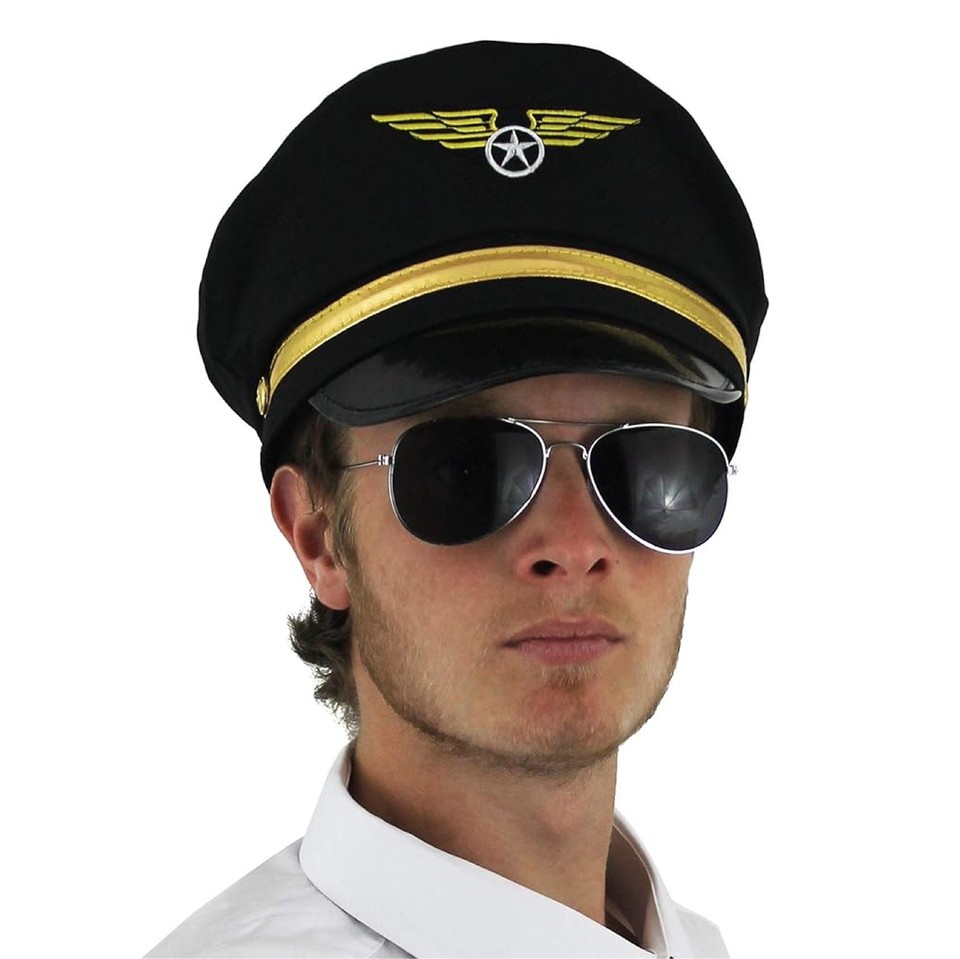 PILOT CAP FANCY DRESS AIRLINE CAPTAIN HAT AVIATION 80S AVIATOR COSTUME ...
