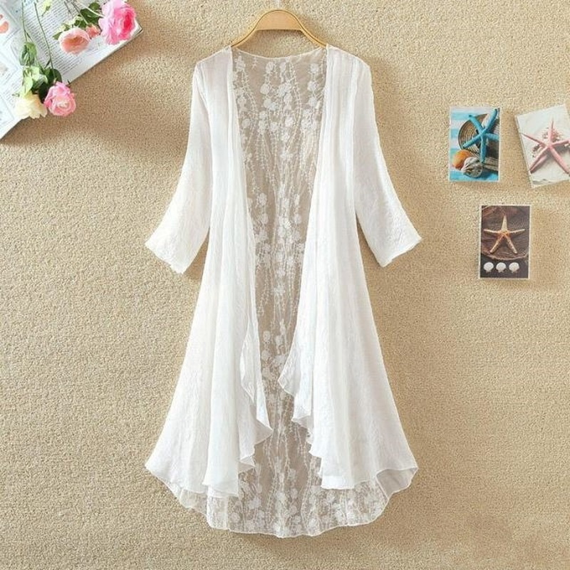 Lady Asymmetric Lace Splice Cardigan Coat Sheer Hollow Out Coat Jacket ...