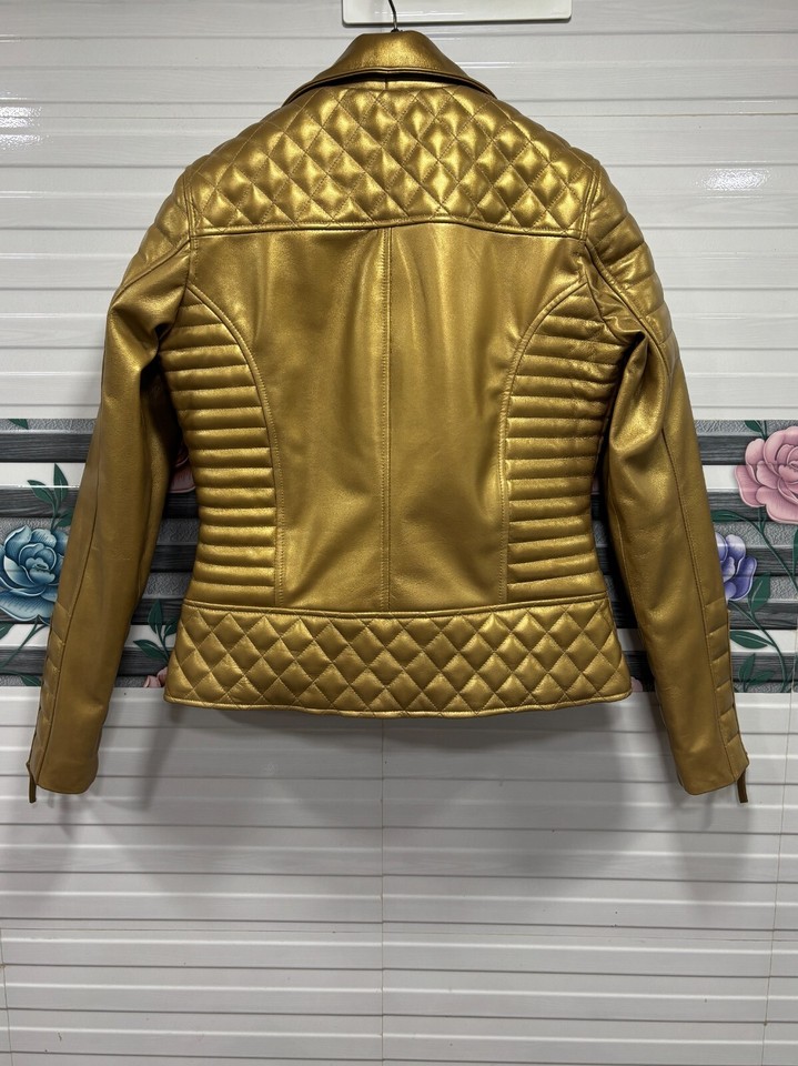 Women's Gold Metallic Real Lambskin Leather Biker Jacket Quilted ...