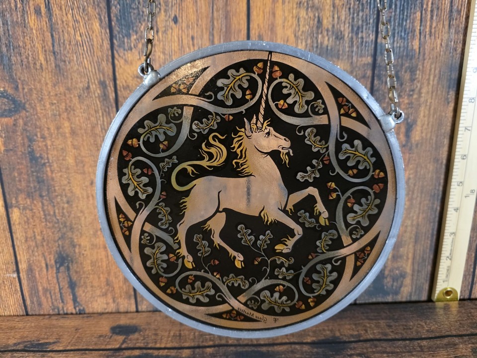 Vintage '78 Glass Masters Stained Glass Unicorn Oak Leaves Hanging Art ...