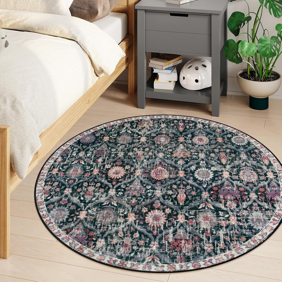 Moroccan Trellis Round Area Rugs, Washable Small Round Rug 3ft Non-Slip ...