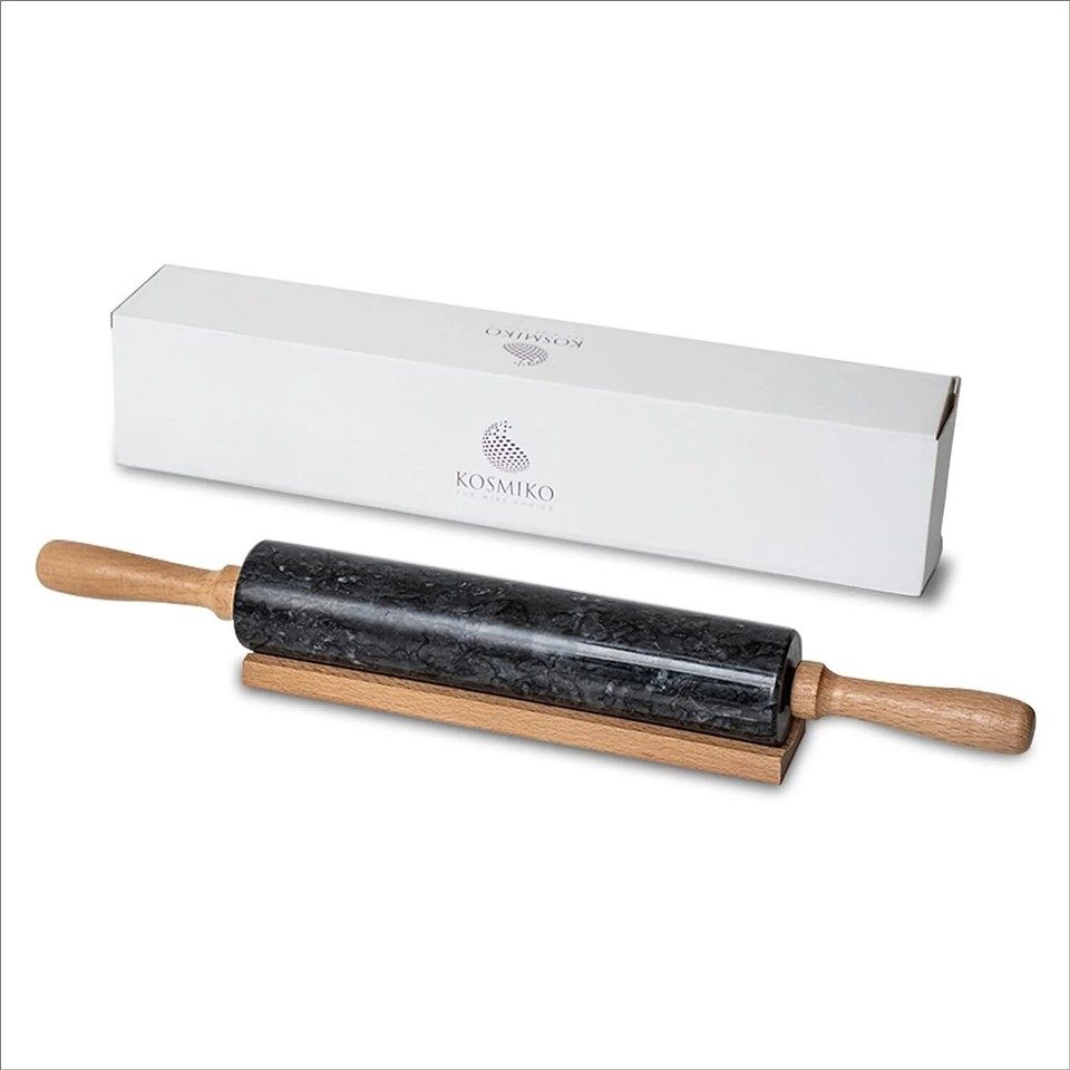 Polished Marble Rolling Pin with Wooden Cradle, 10-Inch Barrel, Black ...