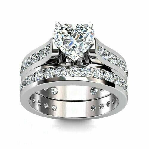 2.50 Ct Heart Cut Moissanite Bridal Set Engagement Ring Solid 14k White ...