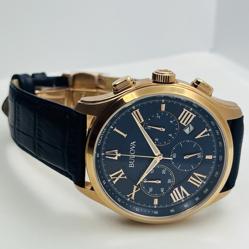 Bulova Wilton Men's Chronograph Rose Gold Steel 47mm Leather Watch ...