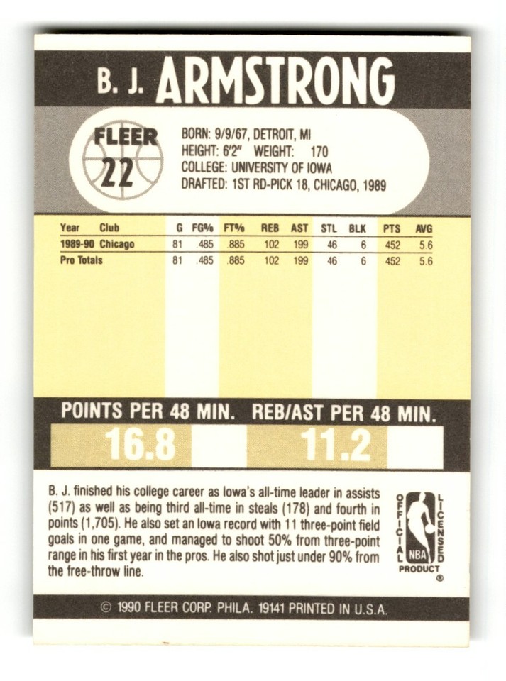 1990-91 Fleer B.J. Armstrong Rookie Chicago Bulls #22 | eBay