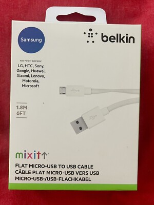 Belkin MIXIT 6-Foot Flat Micro-USB to USB Cable (White) New In Sealed ...