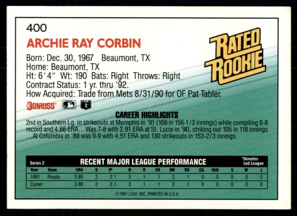 1992 Donruss #400 Archie Corbin Rookie | eBay