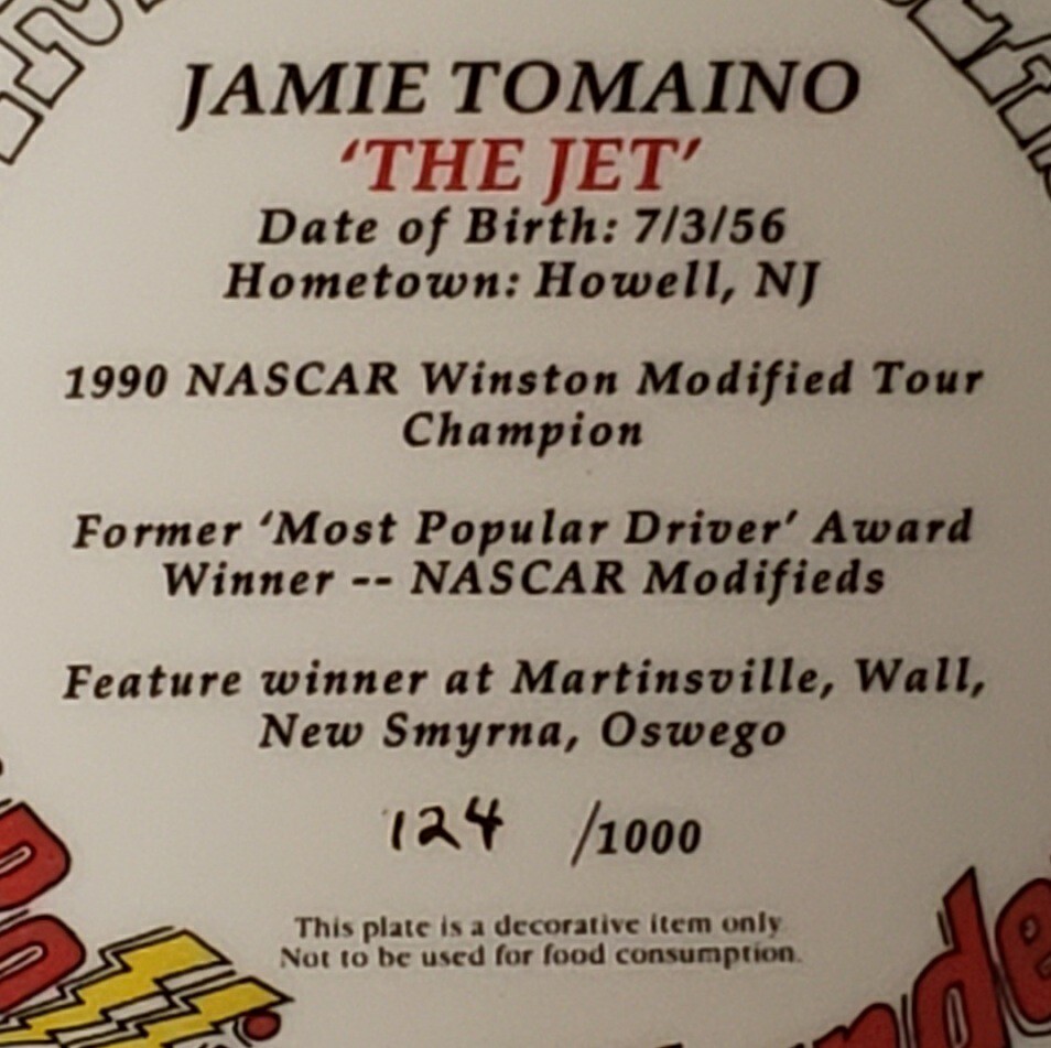 JAMIE TOMAINO DECORATIVE PLATE NASCAR MODIFIED TOUR RARE LOW INVENTORY ...