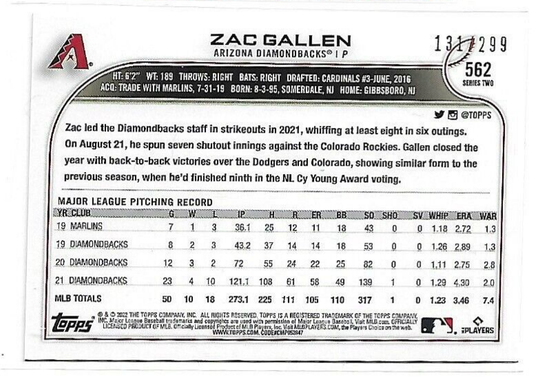 2022 Topps Series Two Zac Gallen Orange Foilboard Parallel #'d 131/299 ...