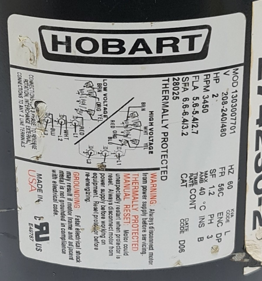 HOBART 274230-2 / 00-274230-00002 2HP 3PH DISHWASHER MOTOR FOR C44A ...