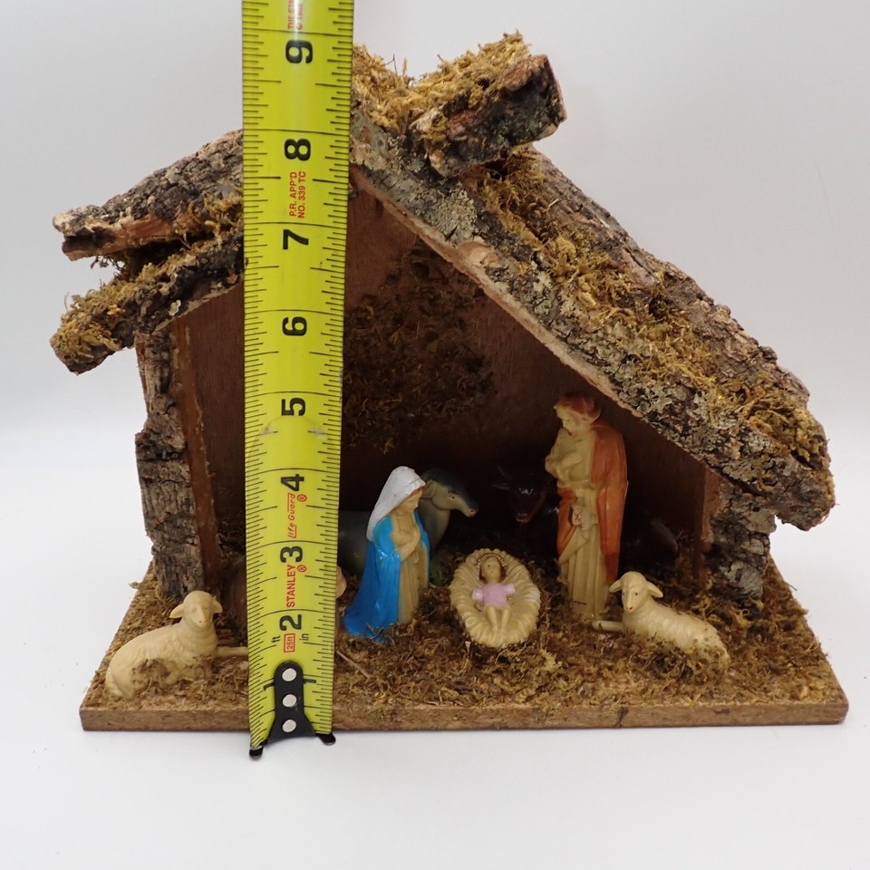 Vintage Nativity Set Joseph Mary Baby Jesus Manger Mossy Roof Wooden ...