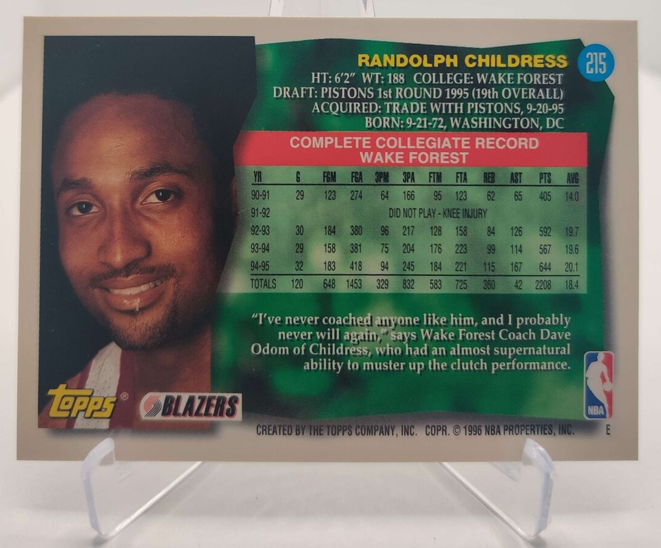 1995-96 Topps #215 Randolph Childress Rookie RC Portland Blazers ...