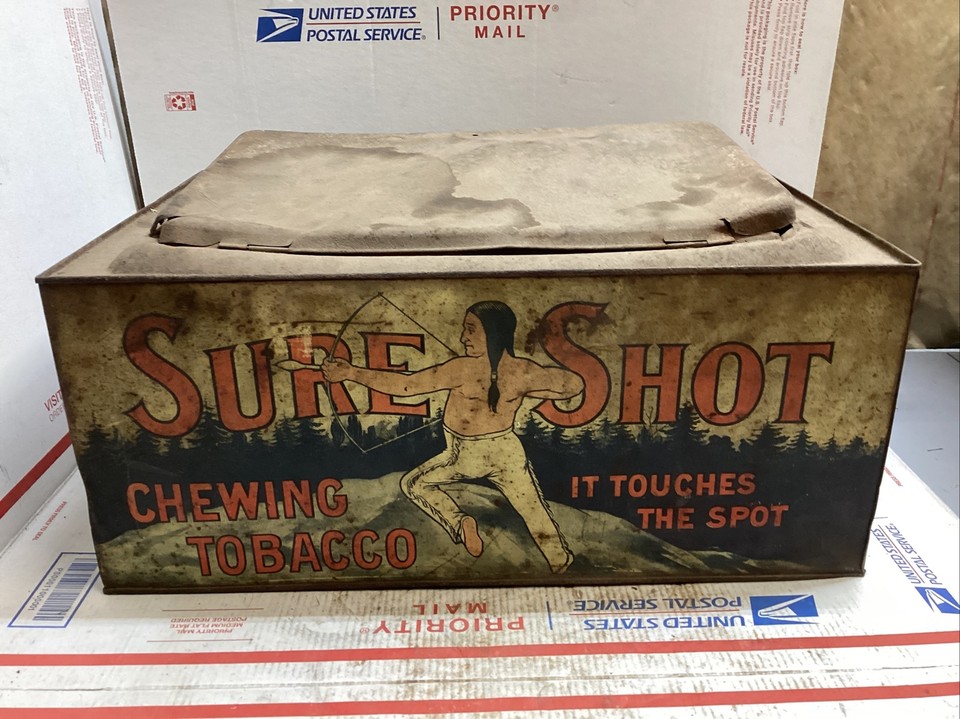 Antique Sure Shot Tin Tobacco advertising Cigar Humidor Primitive ...
