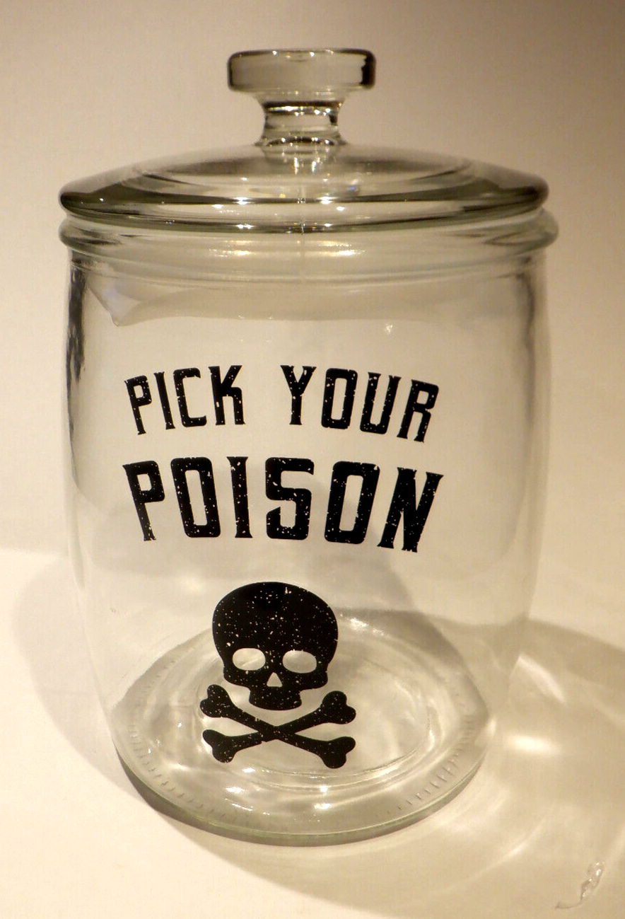 Halloween PICK YOUR POISON Heavy Candy Cookie Glass Covered Jar Skull ...