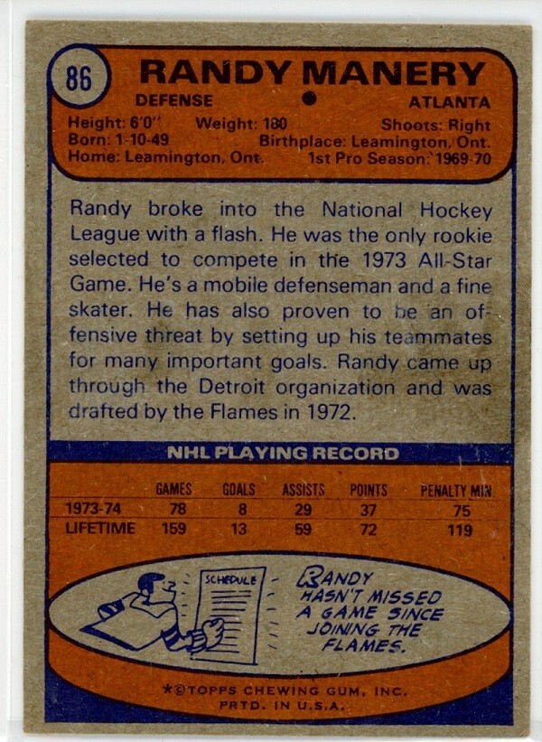 1974-75 Topps Hockey Randy Manery #86 VG | eBay